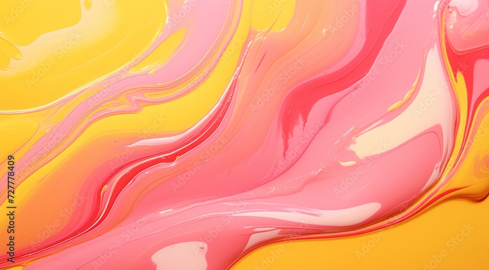 Pink and yellow acrylic texture with flowing effect. Liquid paint ...