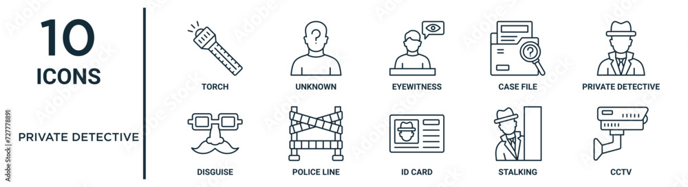 private detective outline icon set such as thin line torch, eyewitness ...