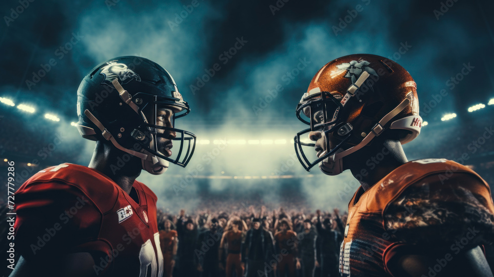 Intense face-off between two football players with helmets under ...