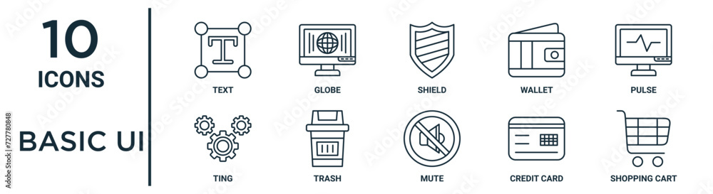basic ui outline icon set such as thin line text, shield, pulse, trash ...