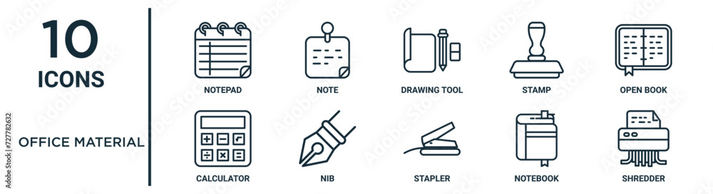 office material outline icon set such as thin line notepad, drawing ...
