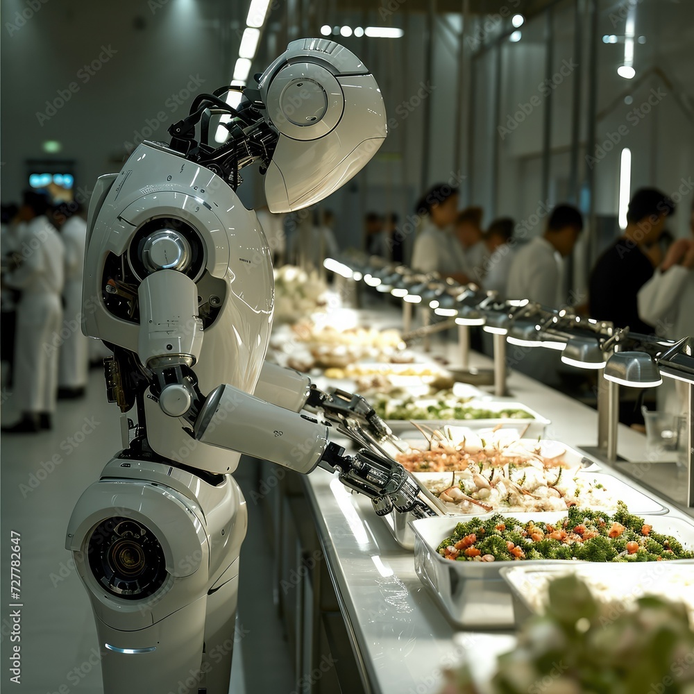 A state-of-the-art robotic chef stands behind the vegetarian buffet ...