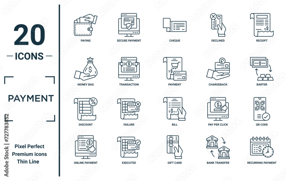 payment linear icon set. includes thin line paying, money bag, discount, online payment ...