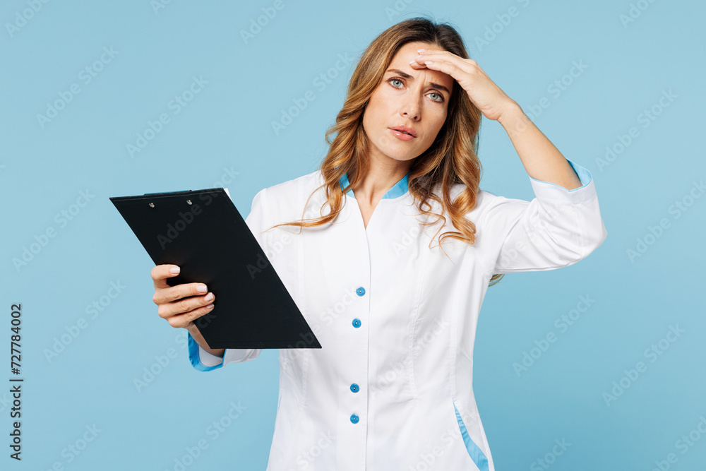 Female tired sad doctor woman she wear white medical gown suit work in ...