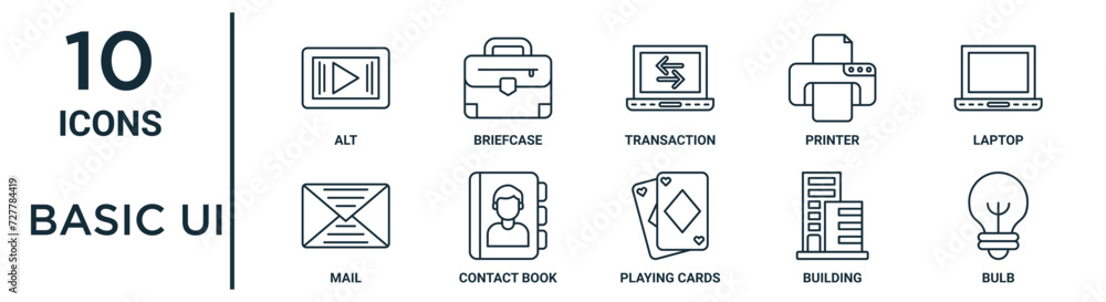 basic ui outline icon set such as thin line alt, transaction, laptop, contact book, building ...