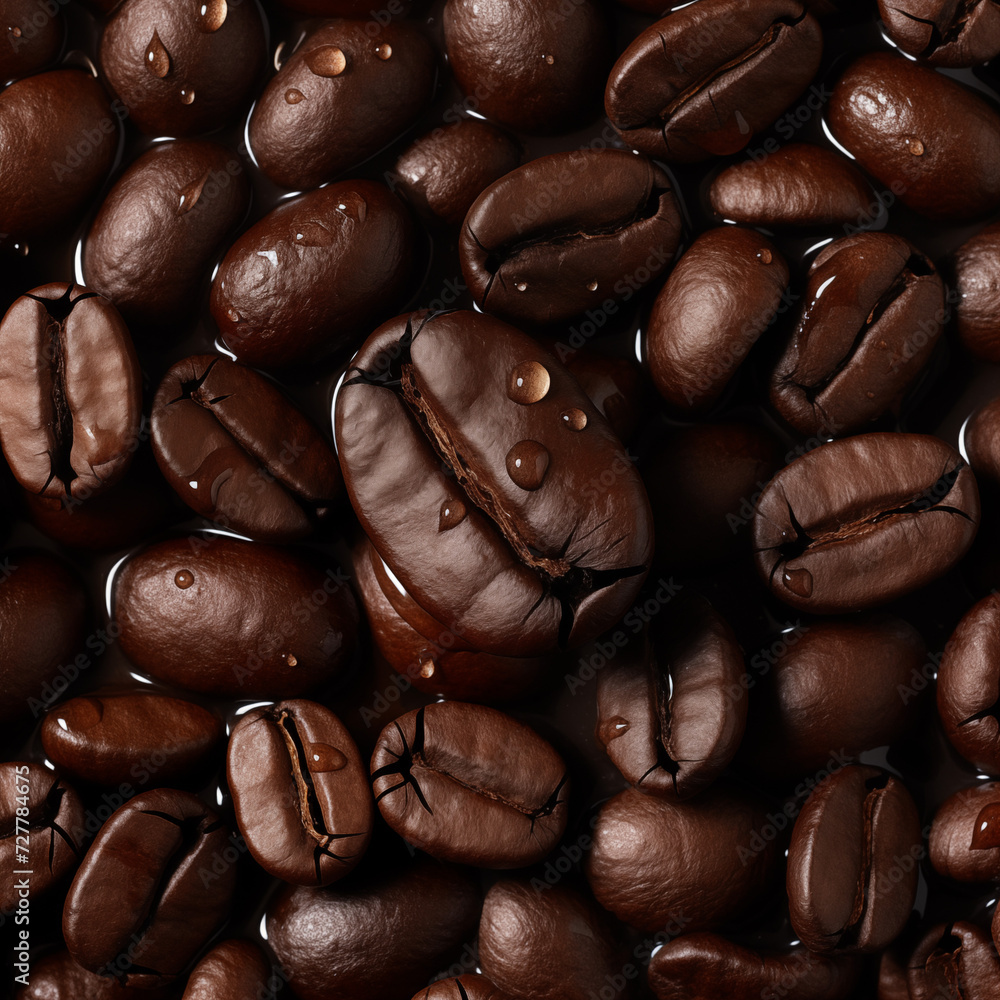 Brown coffee beans create a textured background, showcasing a close-up ...