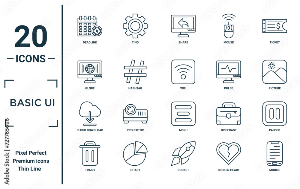 basic ui linear icon set. includes thin line deadline, globe, cloud ...