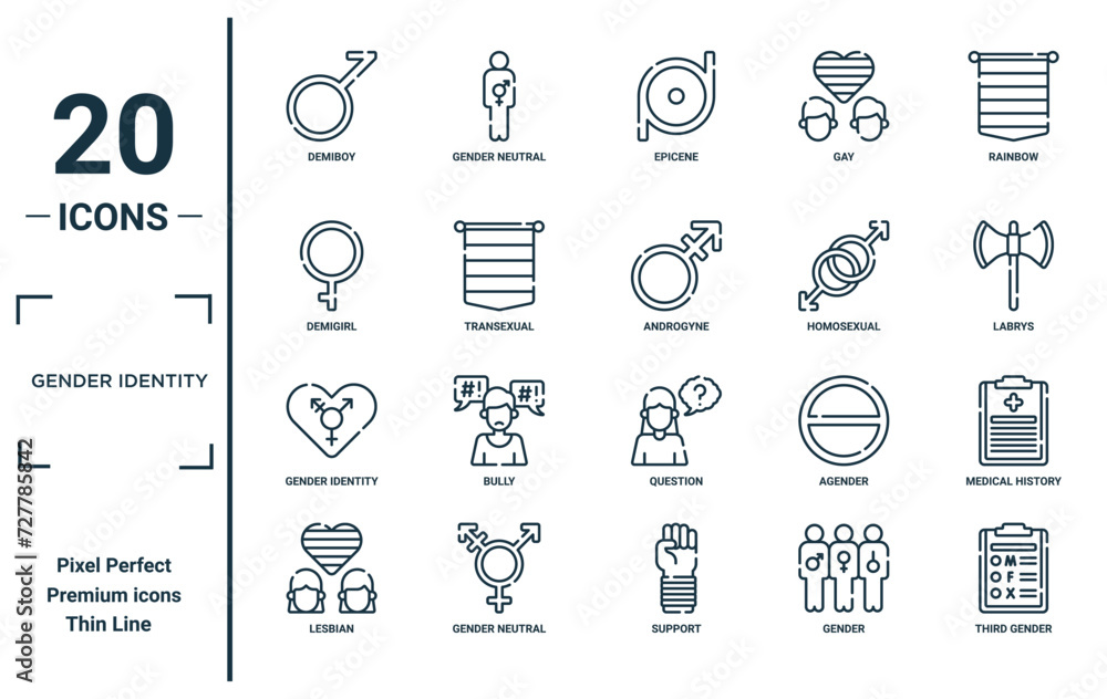 gender identity linear icon set. includes thin line demiboy, demigirl ...
