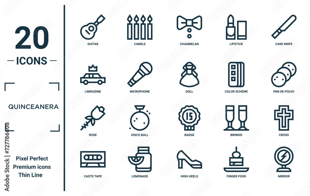 Vetor de quinceanera linear icon set. includes thin line guitar ...