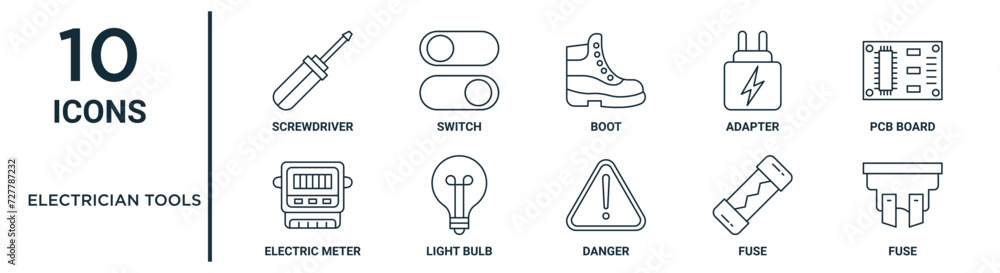 electrician tools outline icon set such as thin line screwdriver, boot ...