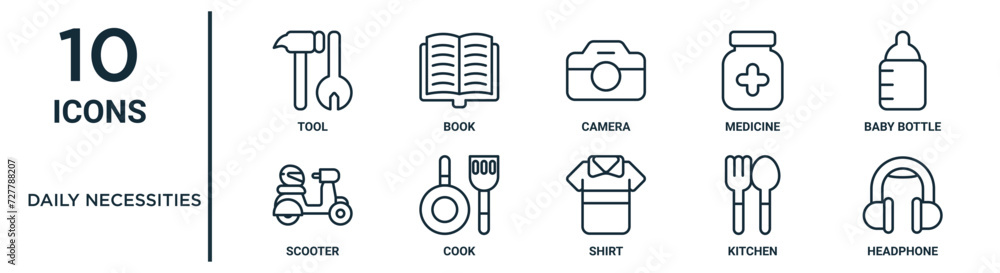 daily necessities outline icon set such as thin line tool, camera, baby ...