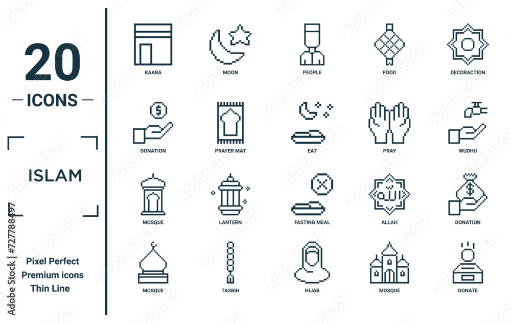 islam linear icon set. includes thin line kaaba, donation, mosque ...