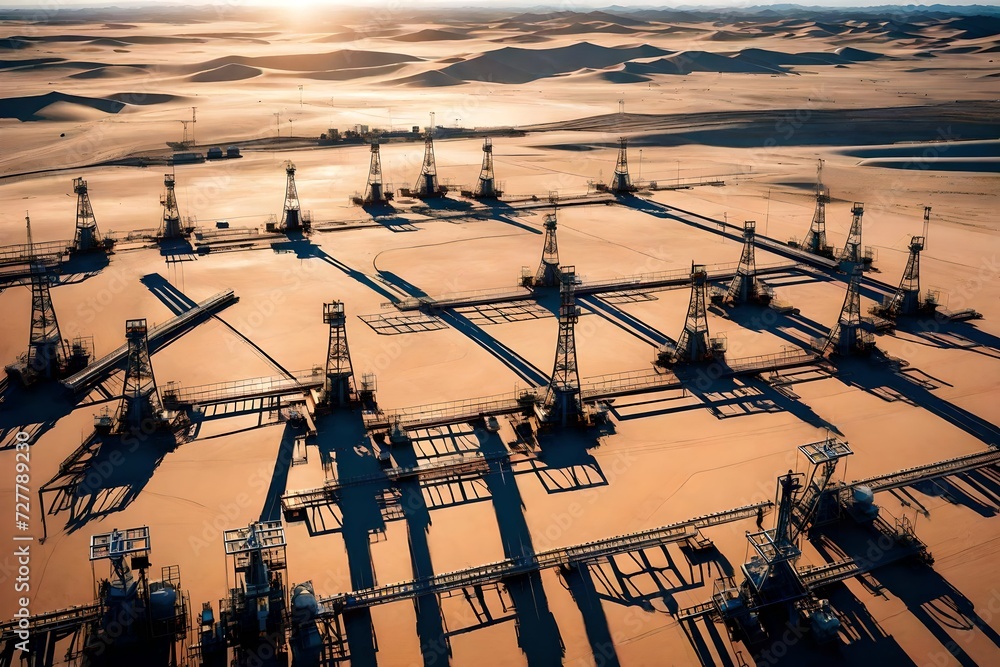 An overhead view of a desert oil field at dawn, with pumpjacks and ...