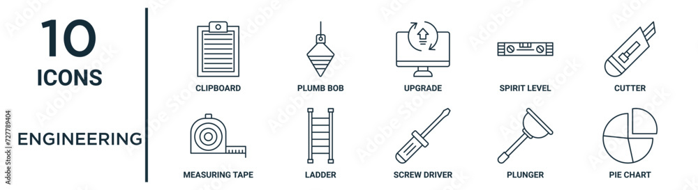 engineering outline icon set such as thin line clipboard, upgrade ...