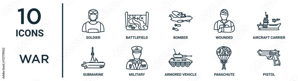 war outline icon set such as thin line soldier, bomber, aircraft ...
