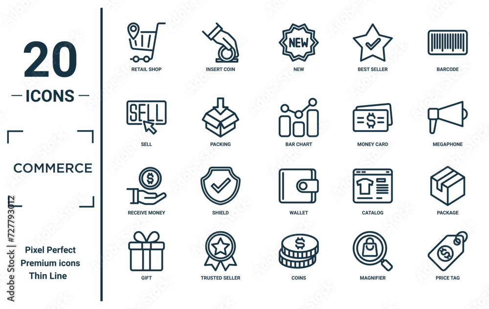 Vetor de commerce linear icon set. includes thin line retail shop, sell ...