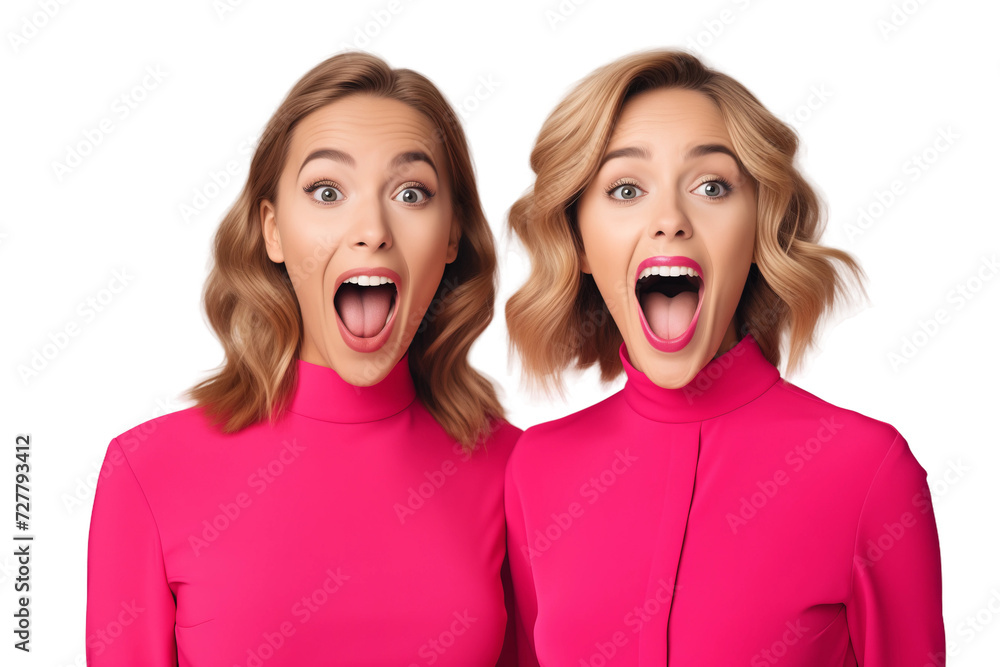 two young women with surprised faces dressed in pink on a transparent ...
