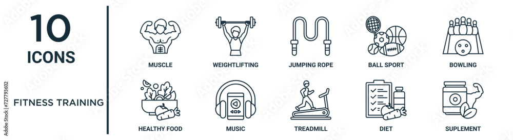 fitness training outline icon set such as thin line muscle, jumping ...