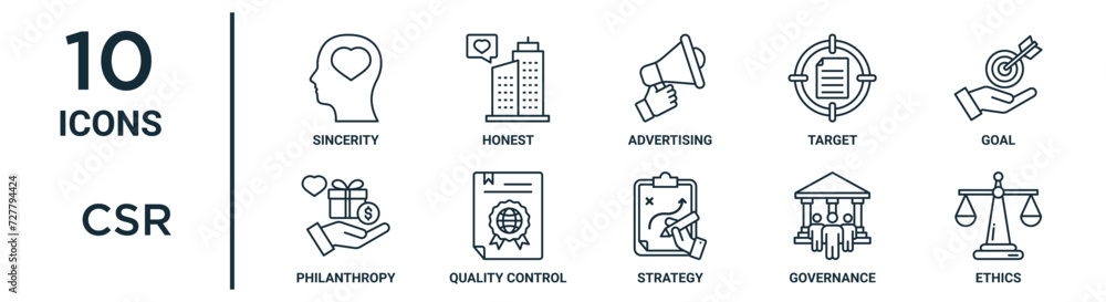 csr outline icon set such as thin line sincerity, advertising, goal ...