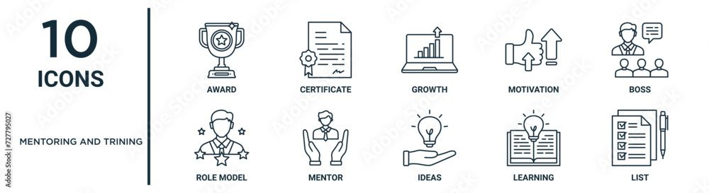 Vetor de mentoring and trining outline icon set such as thin line award ...