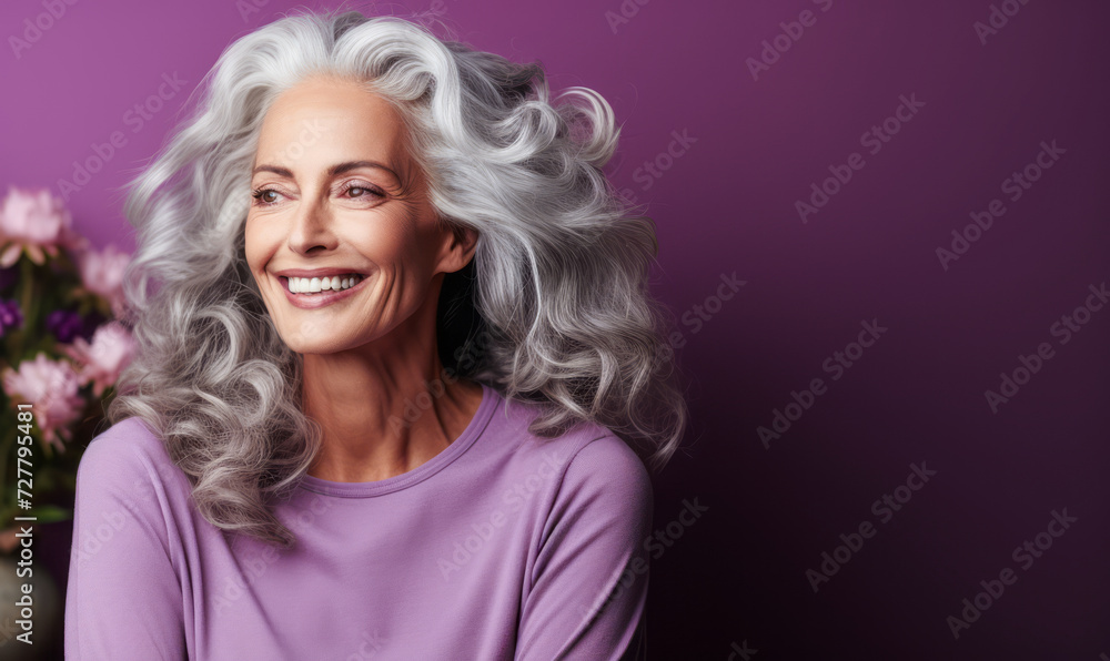 Radiant senior woman with elegant gray hair and a joyful smile wearing ...
