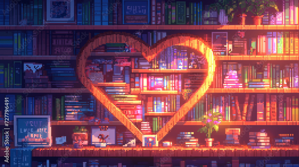Cozy Pixel Art Library with Heart-Shaped Bookshelf Stock Illustration ...