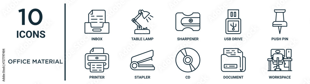 office material outline icon set such as thin line inbox, sharpener ...