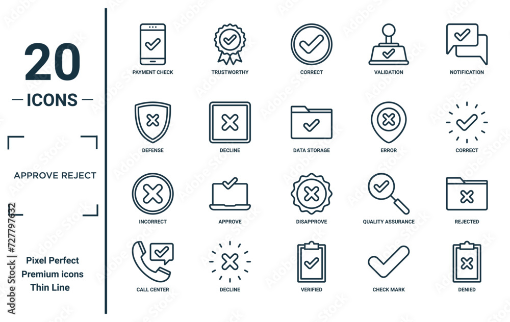 approve reject linear icon set. includes thin line payment check ...