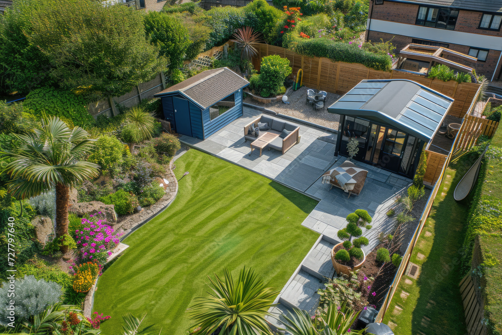 High view of a back garden with artificial grass, grey paving slab ...