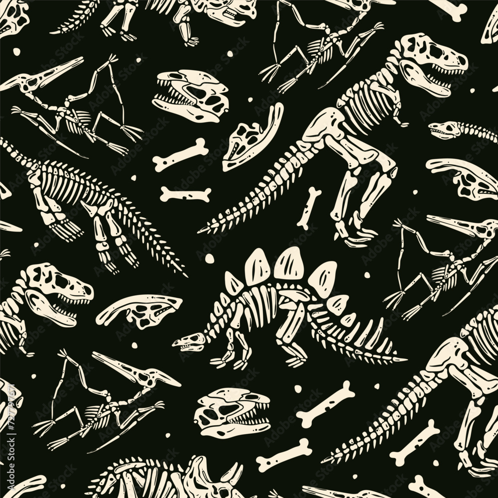 Dinosaur skeletons. Various bones of prehistoric creatures. Hand drawn ...