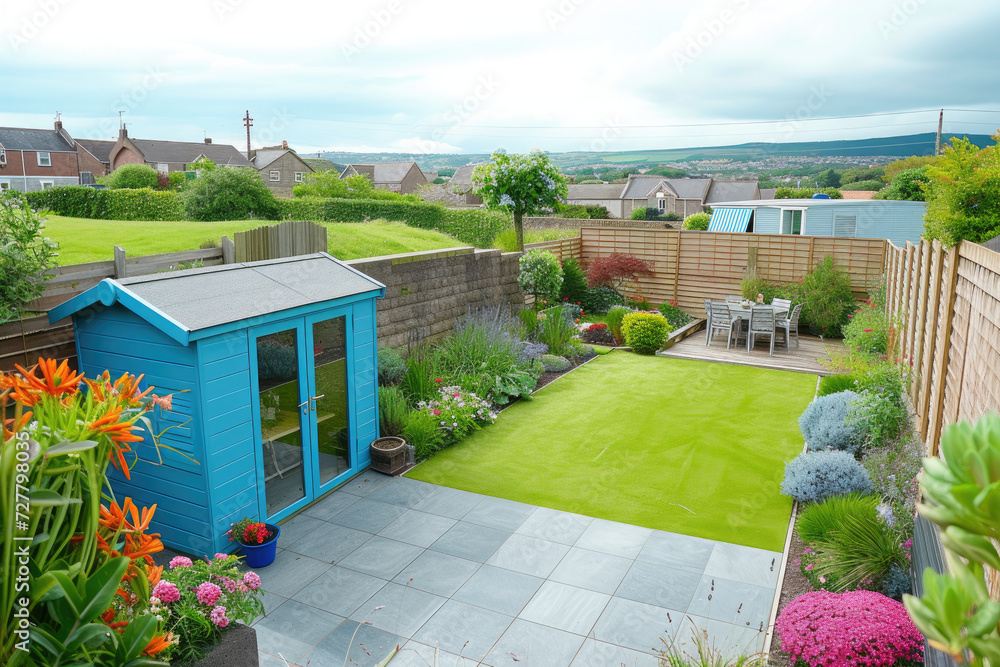 High view of a back garden with artificial grass, grey paving slab ...