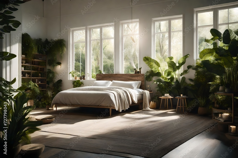 A nature-inspired bedroom with botanical prints, natural materials, and ...