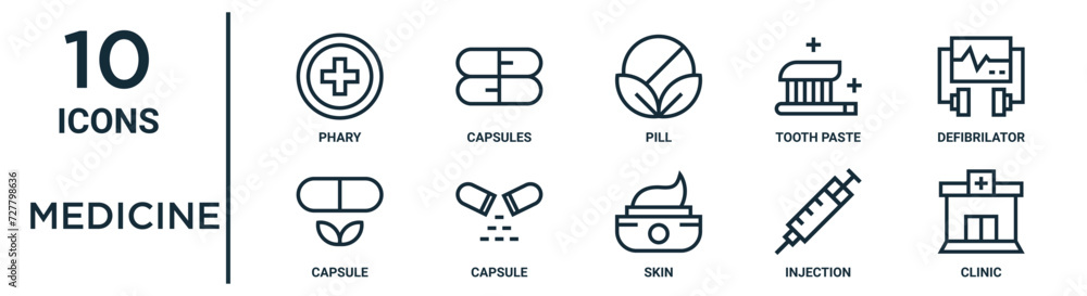 medicine outline icon set such as thin line phary, pill, defibrilator ...