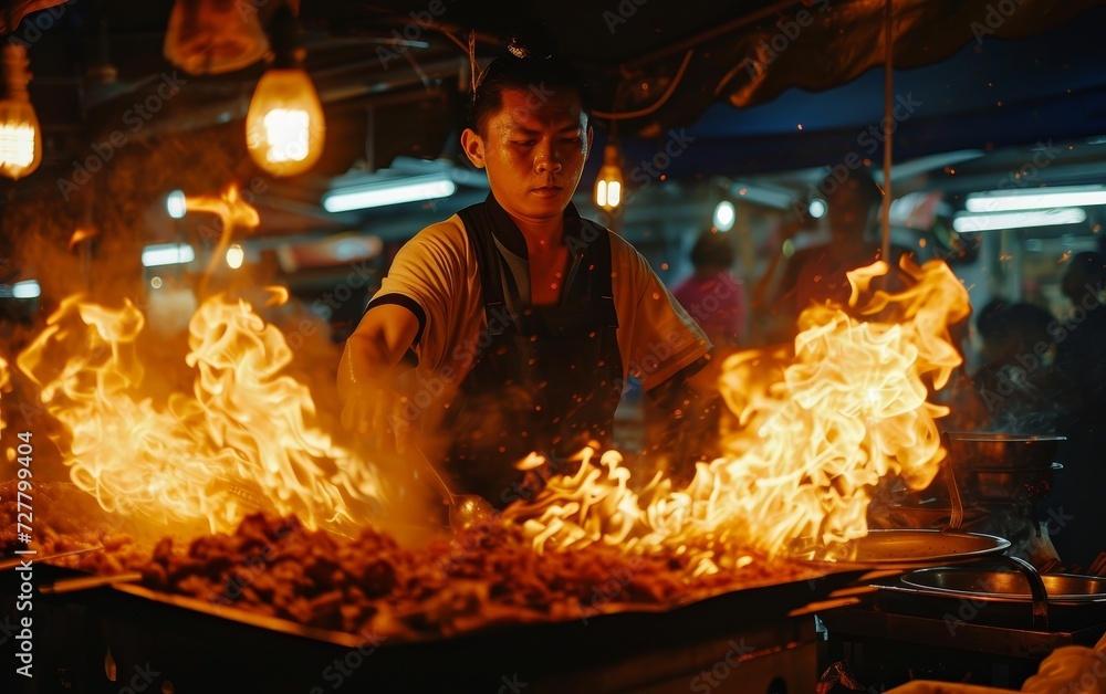 Chef grilling skewered meat over open flames at a lively night market ...