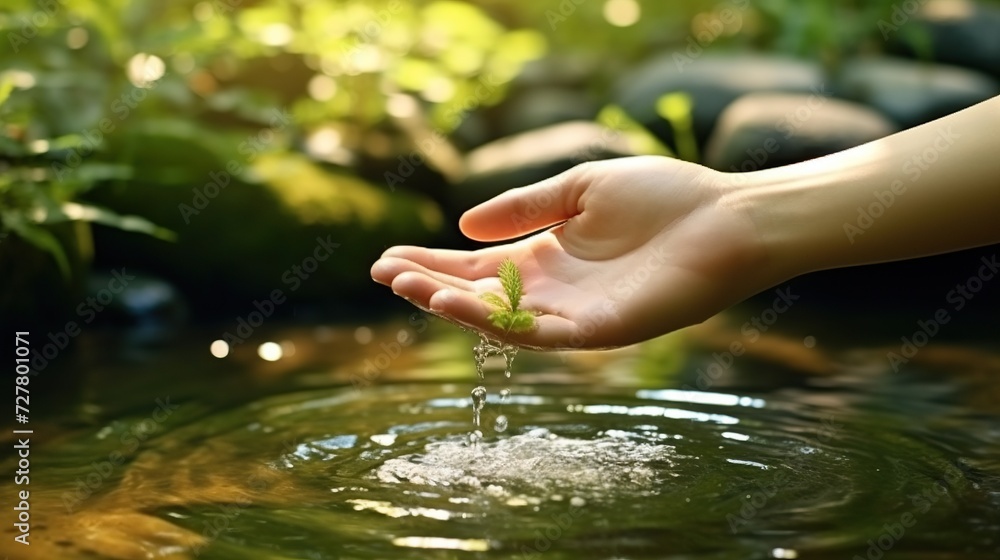 water pouring flow on woman hand on nature background Stock Photo ...