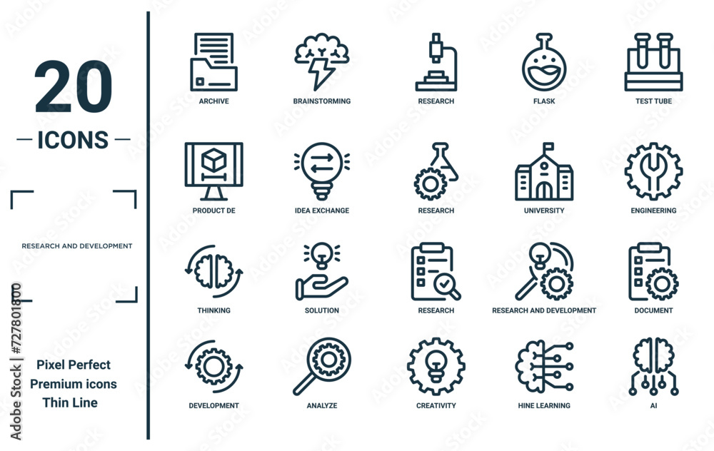 Vetor de research and development linear icon set. includes thin line archive, product de ...