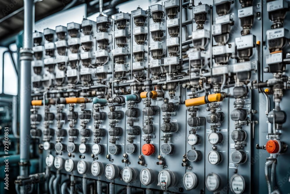 The intricate details of a gas processing plant's control panel, with ...