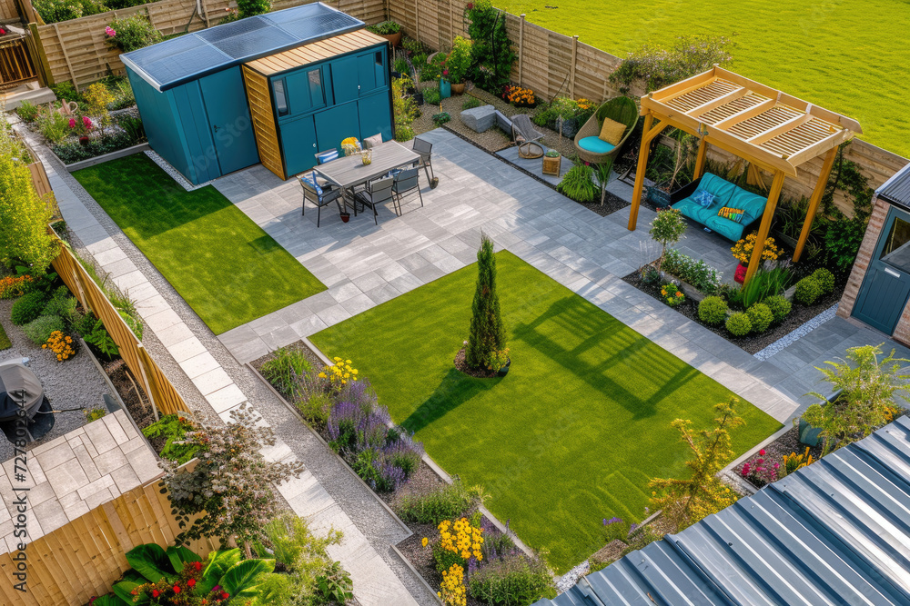 High view of a back garden with artificial grass, grey paving slab ...