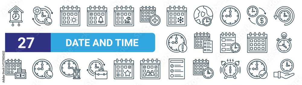 set of 27 outline web date and time icons such as cuckoo clock, day and ...