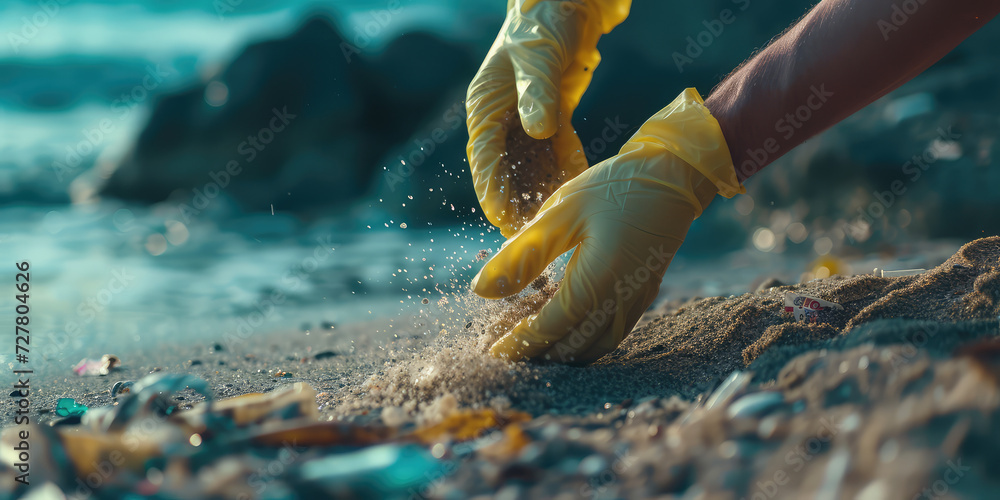 Beach Cleanup Effort Against Microplastics. Gloved hands collect ...