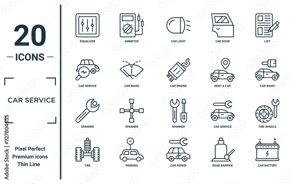 car service linear icon set. includes thin line equalizer, car service ...