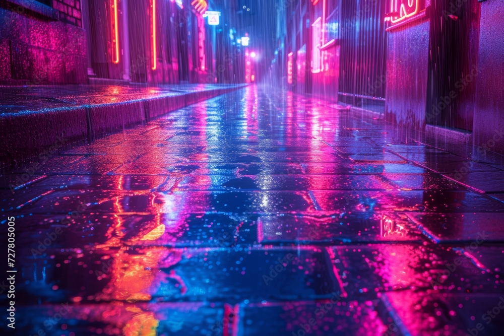 An abstract composition of neon lights reflected in rain-soaked ...