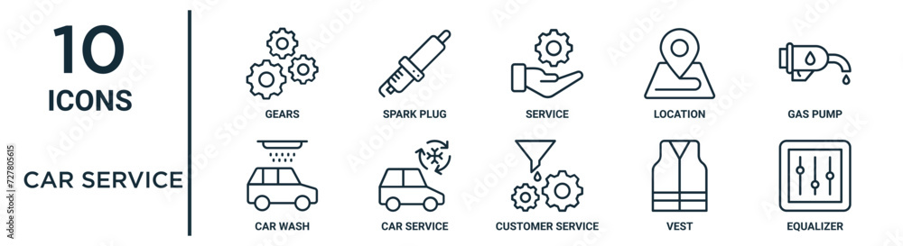 car service outline icon set such as thin line gears, service, gas pump ...