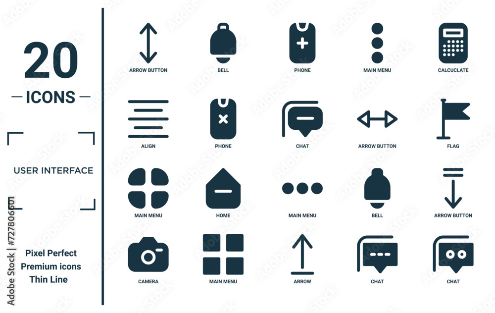 Vecteur Stock user interface linear icon set. includes thin line arrow button, align, main menu ...