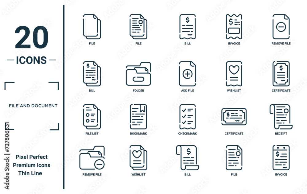 file and document linear icon set. includes thin line file, bill, file list, remove invoice, add ...