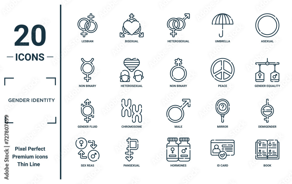 Vecteur Stock gender identity linear icon set. includes thin line lesbian, non binary, gender ...