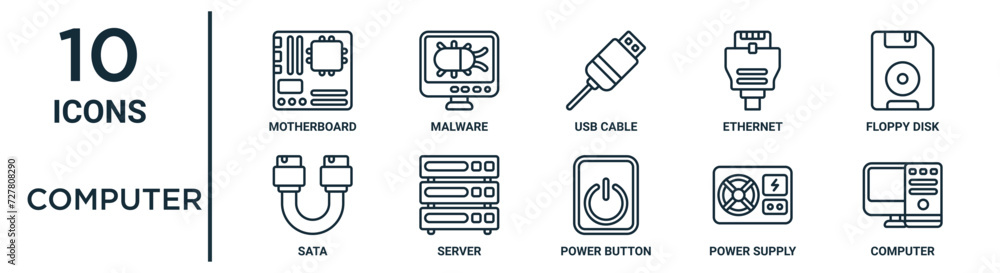 computer outline icon set such as thin line motherboard, usb cable, floppy disk, server, power ...