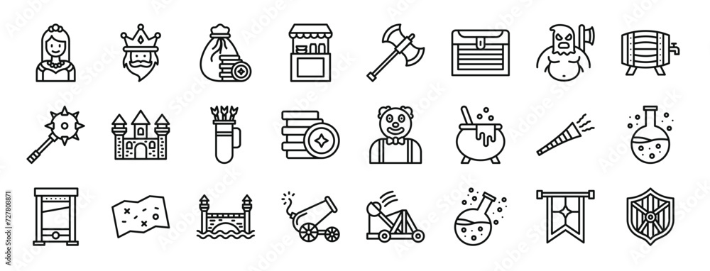 set of 24 outline web medieval icons such as princess, king, money bag ...