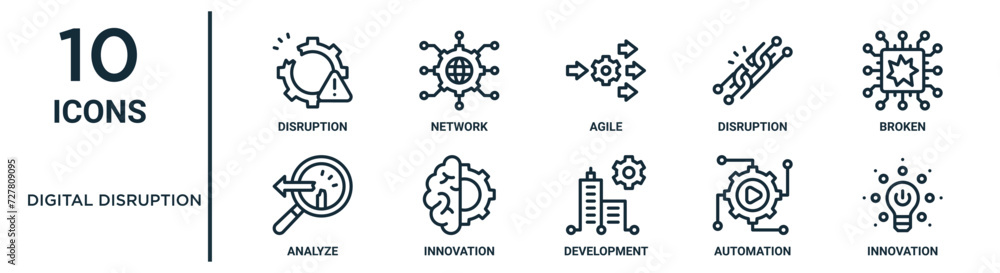 Vetor de digital disruption outline icon set such as thin line disruption, agile, broken ...