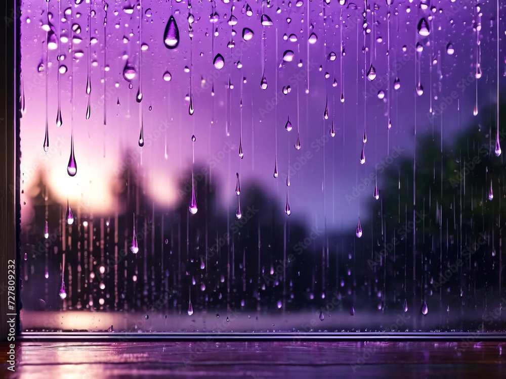 Raindrops on glass for purple backdrop rainy fall autumn weather ...